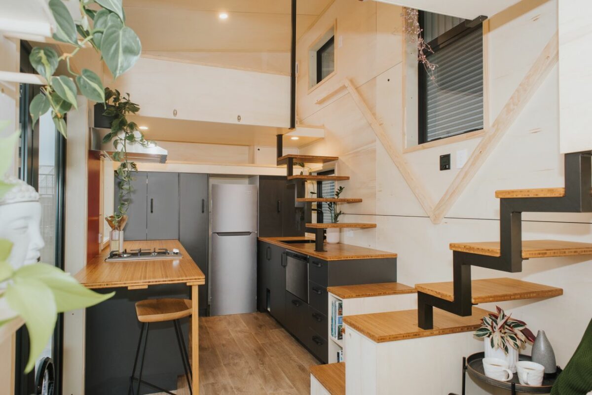 River Bank Tiny Home has Lofts for Office & Bedroom With Skylight