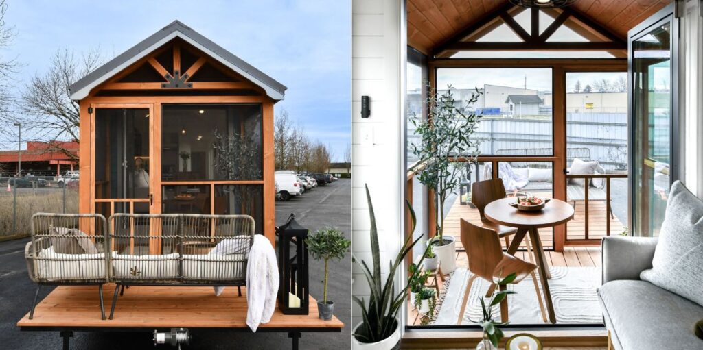 $250K Cascade Mini Tiny House has Spiral Stairs to Rooftop Deck