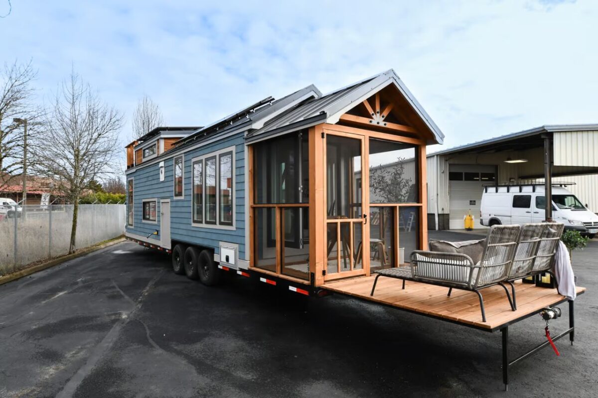 $250K Cascade Mini Tiny House has Spiral Stairs to Rooftop Deck