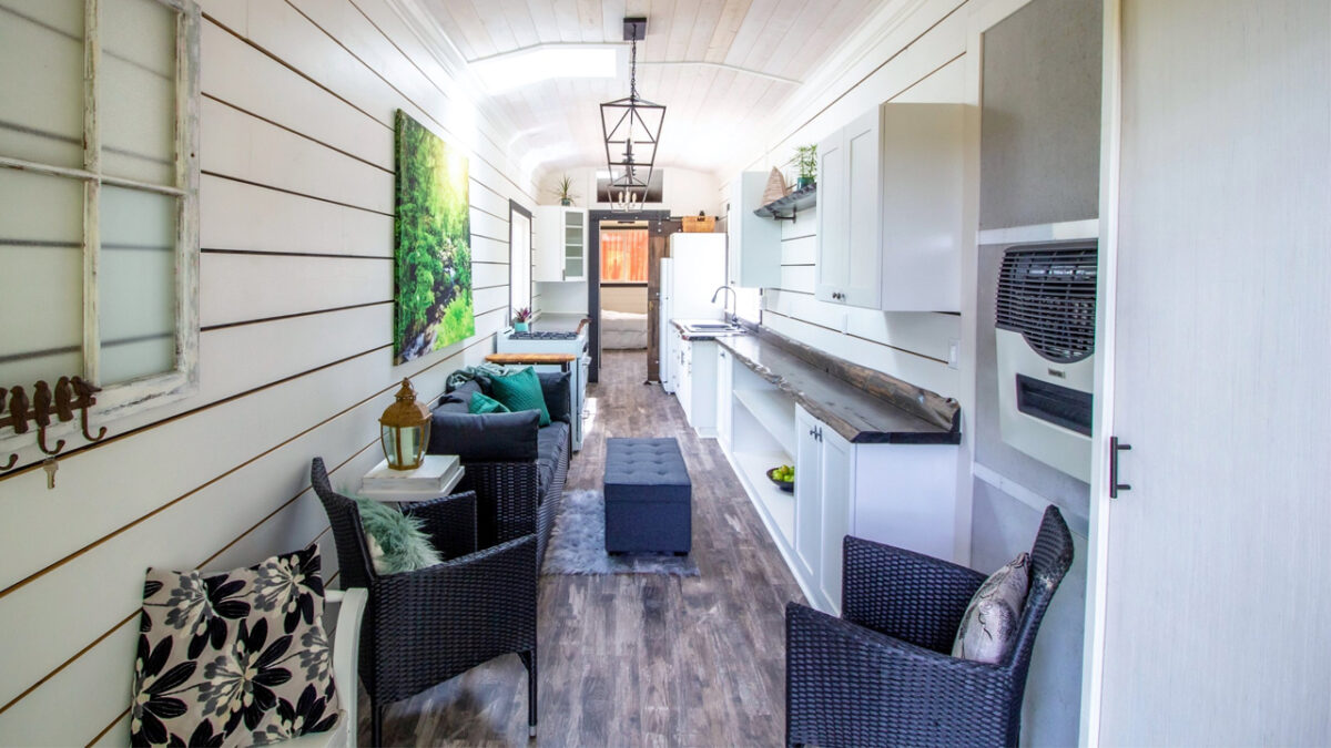48ft Industrial Chic Semi Tiny House has Banquette Seating