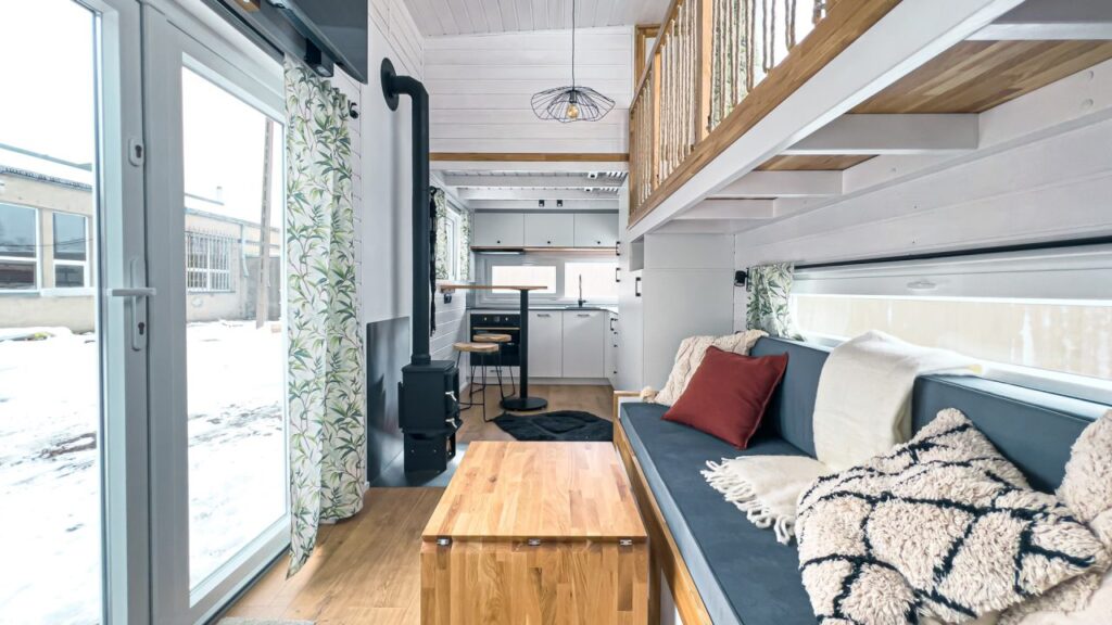 27ft Tangerine Tiny House Flaunts Enclosed Lofts, and Fireplace