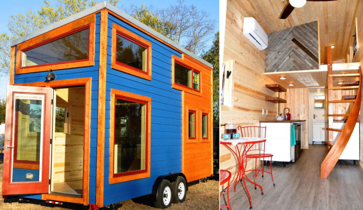 Big Blue Tiny House has Spiral Staircase and Modern Amenities