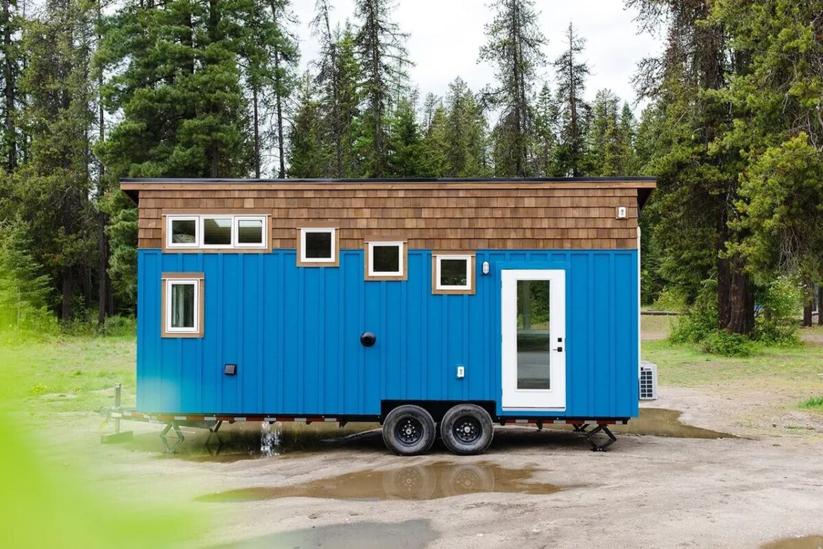 Aspen Tiny House Flaunts Blue Wooden Exterior & Orange Interior