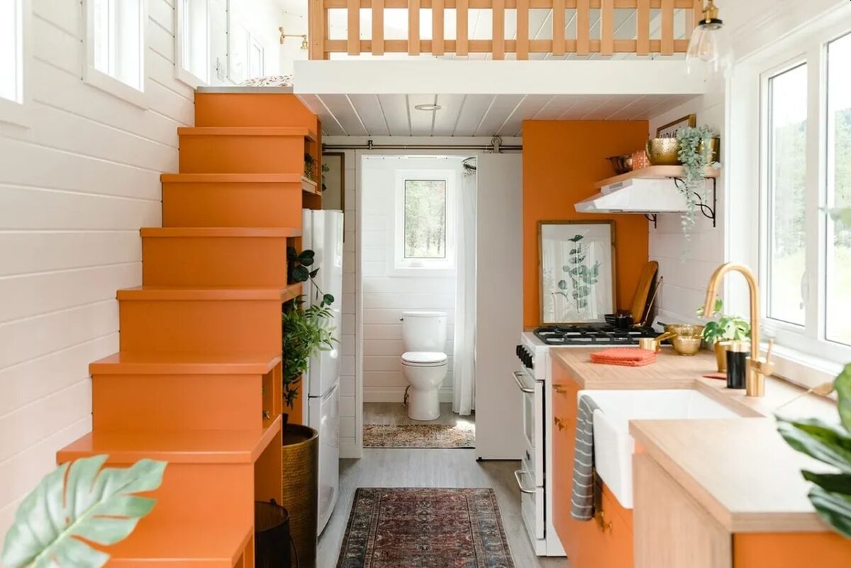 Aspen Tiny House Flaunts Blue Wooden Exterior & Orange Interior