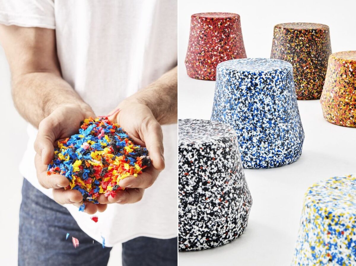 Stump Recycled Stools by Derlot Feature Terrazzo Like Design