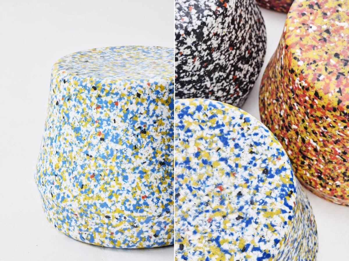 Stump Recycled Stools by Derlot Feature Terrazzo Like Design
