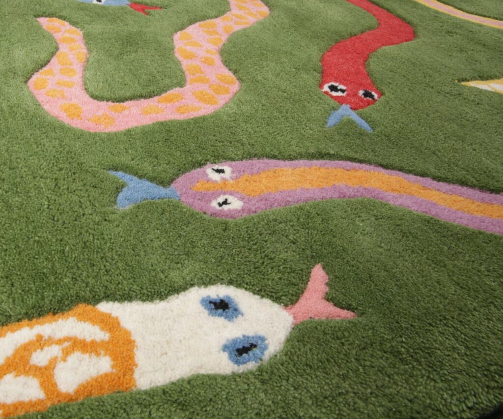 Snakes in the Grass Rug is Vibrant Tapestry of Slithering Reptiles