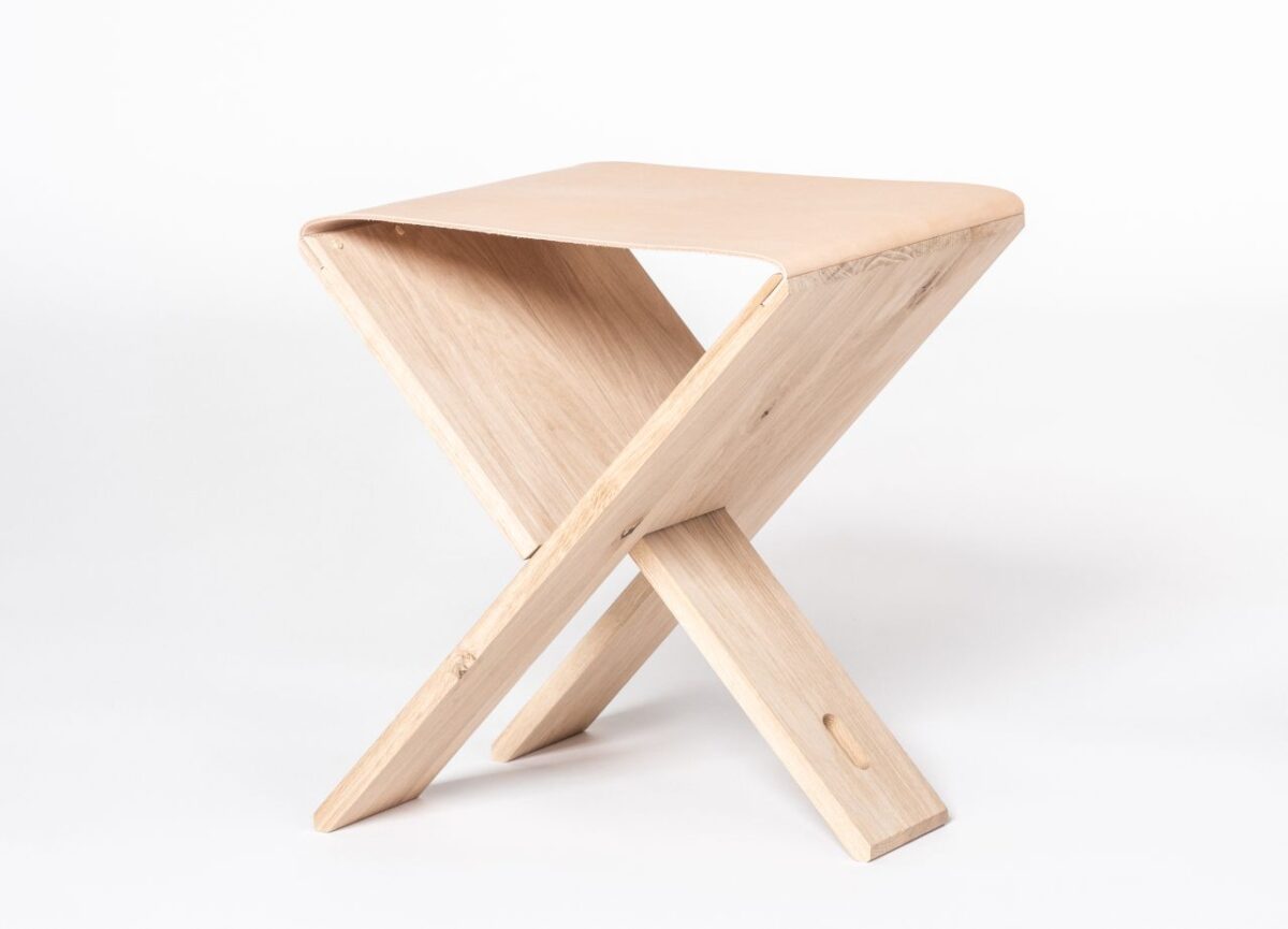 Verk Stool With Unique X Legs and Leather Seat Collapses Flat
