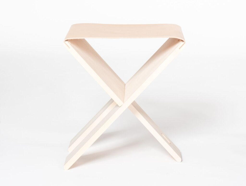 Verk Stool With Unique X Legs and Leather Seat Collapses Flat