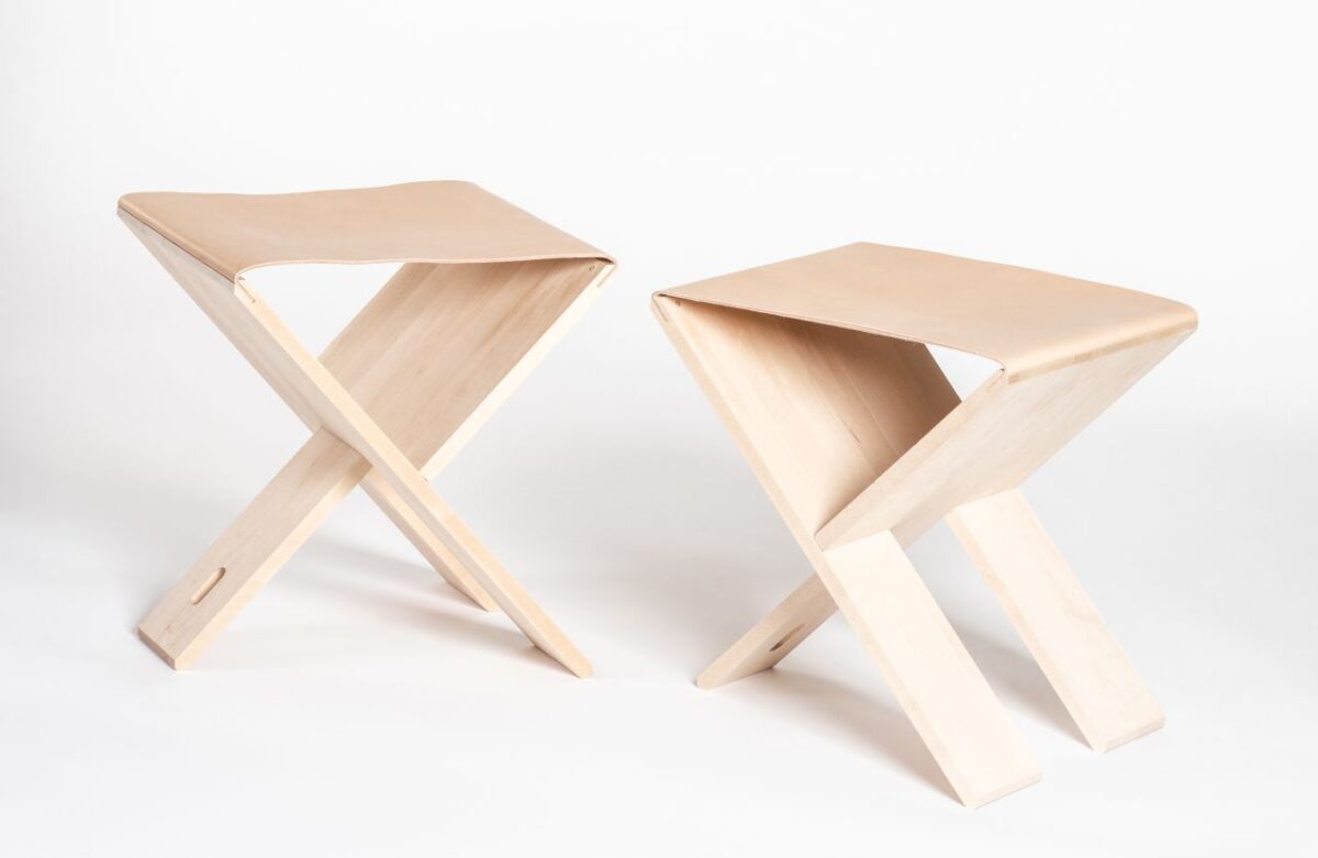 Verk Stool With Unique X Legs and Leather Seat Collapses Flat