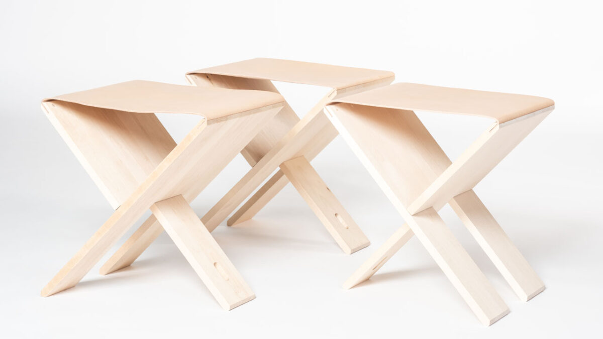 Verk Stool With Unique X Legs and Leather Seat Collapses Flat