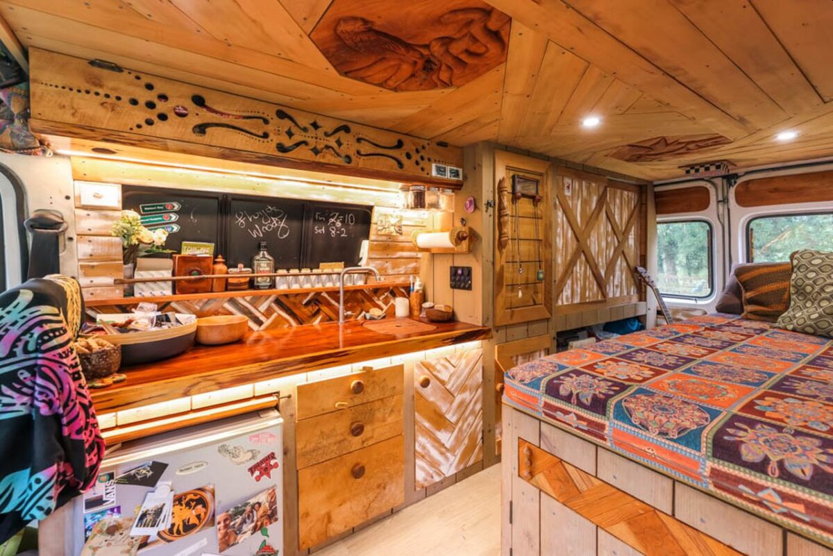 Woodworker Turns '98 Ford Transit Into Van Home Etched With Wood Crafts