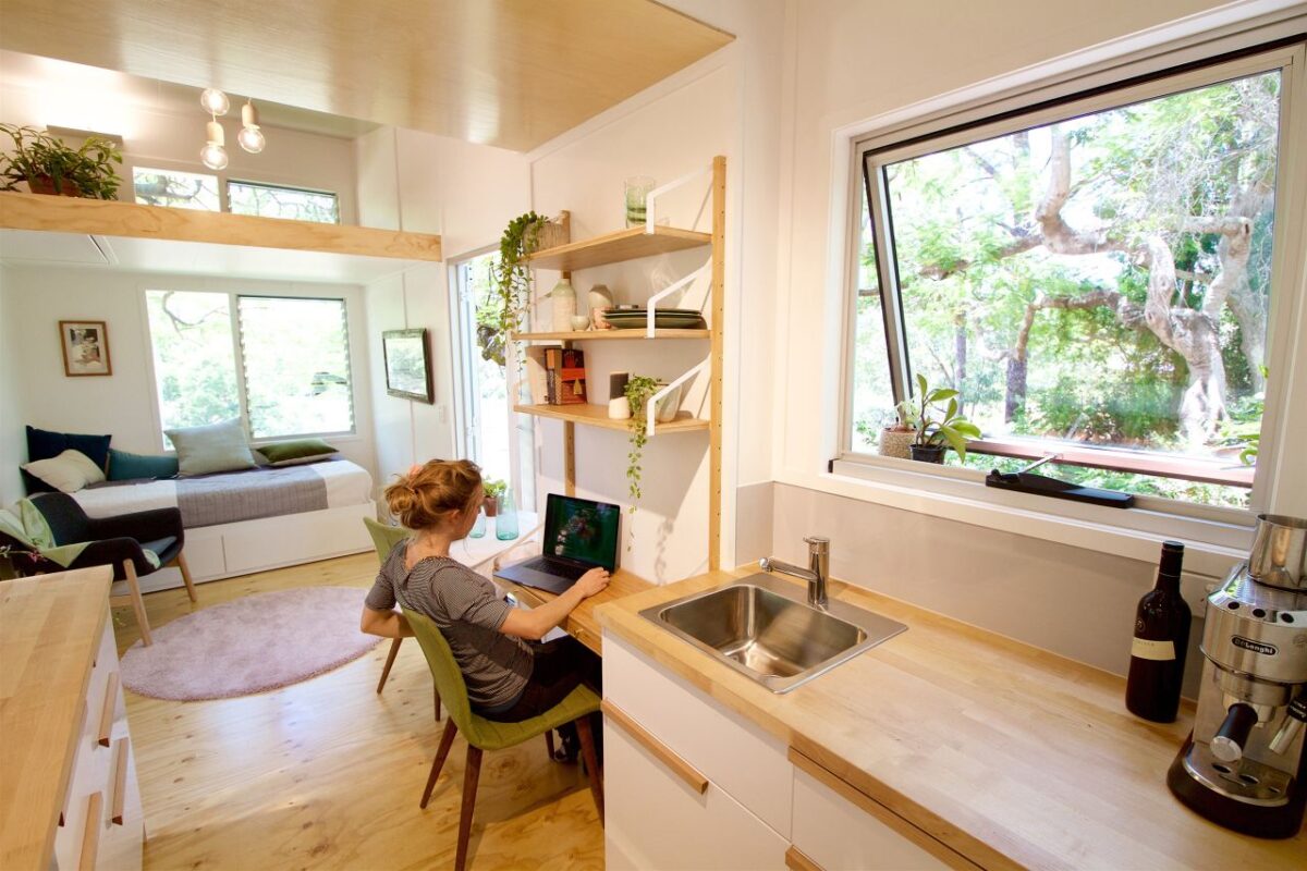 Swallowtail Tiny House With Butterfly Roof has Hidden Access to Loft