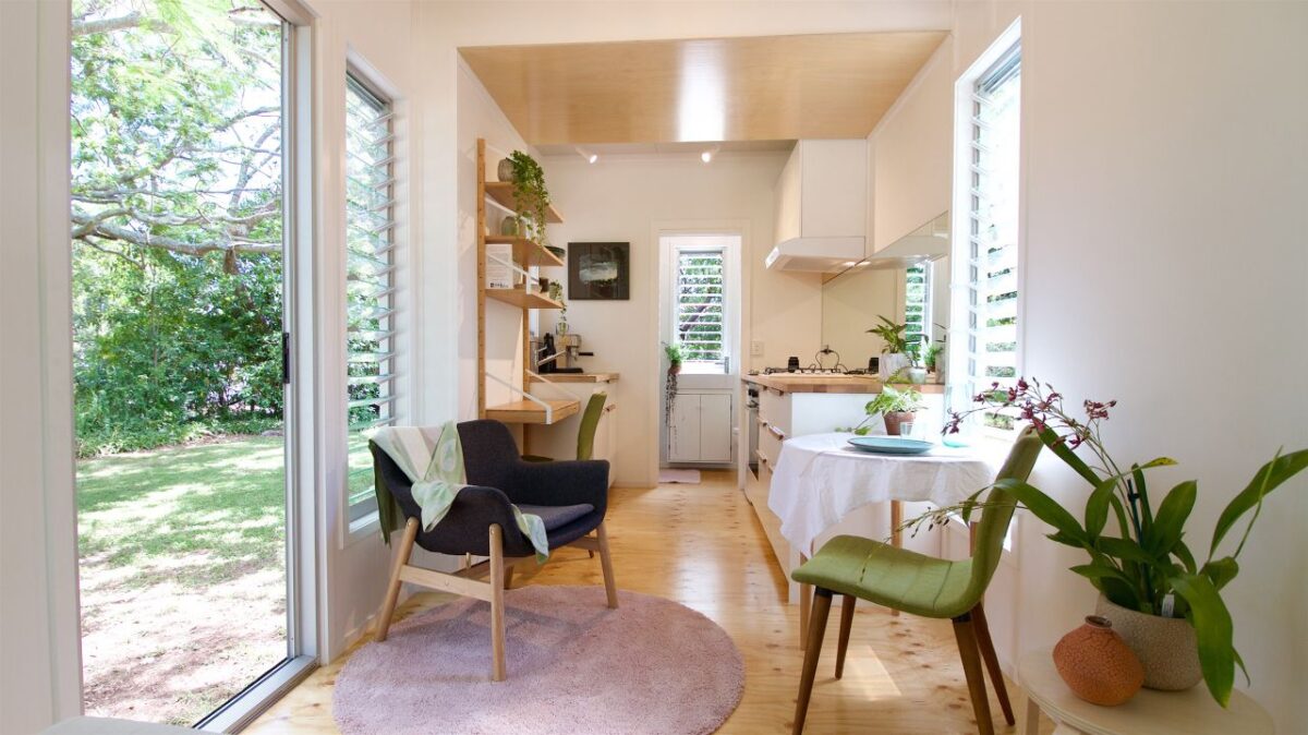 Swallowtail Tiny House With Butterfly Roof has Hidden Access to Loft