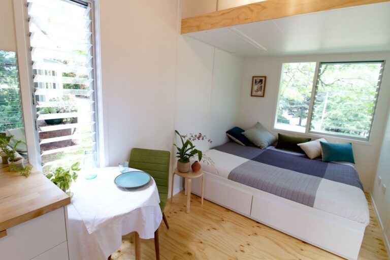 Swallowtail Tiny House With Butterfly Roof has Hidden Access to Loft