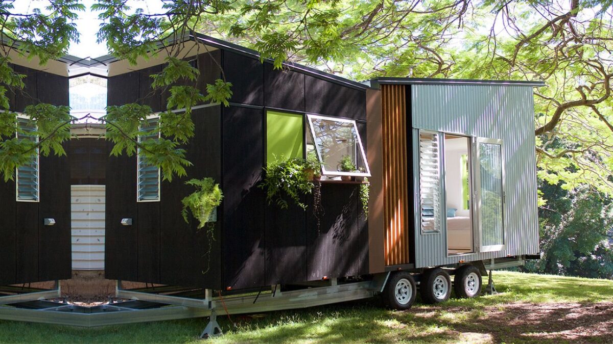 Swallowtail Tiny House With Butterfly Roof has Hidden Access to Loft