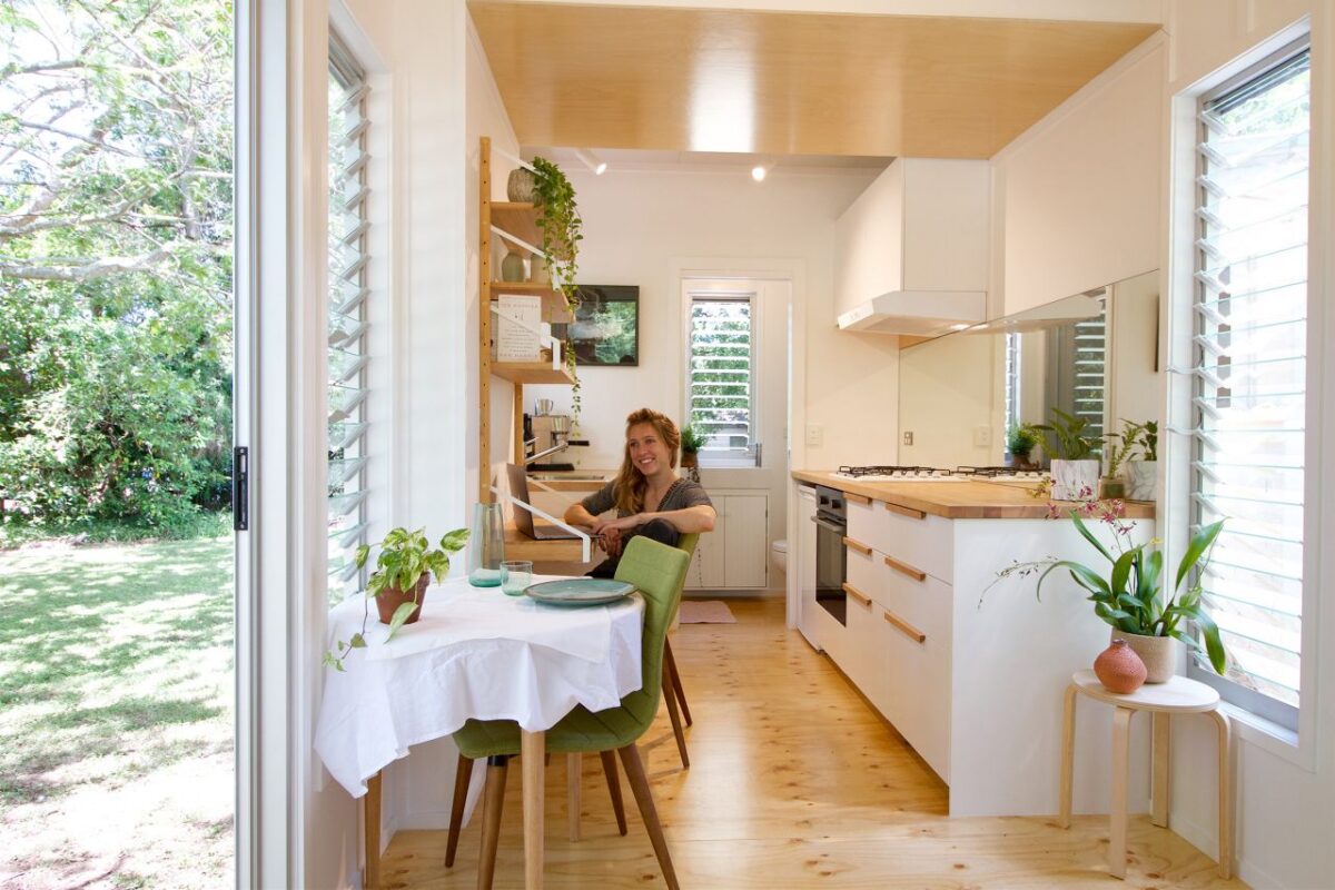 Swallowtail Tiny House With Butterfly Roof has Hidden Access to Loft