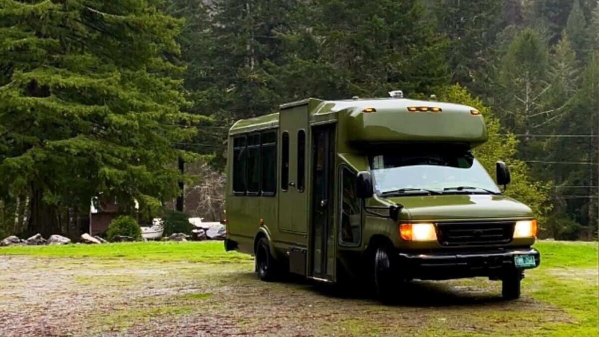 Couple Custom-Builds Treehouse Bus as Full-Time Home