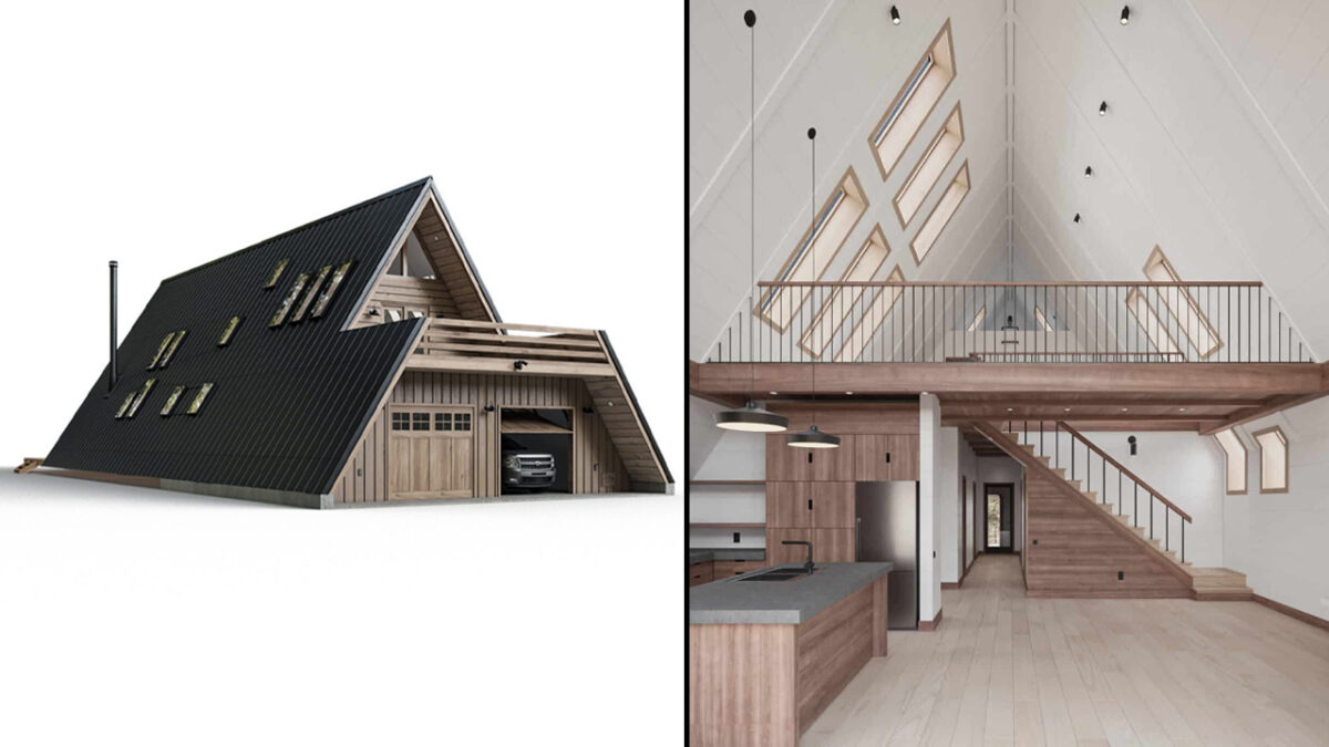 Ayfraym Plus is A-Frame Cabin With Two-Car Garage and Deck