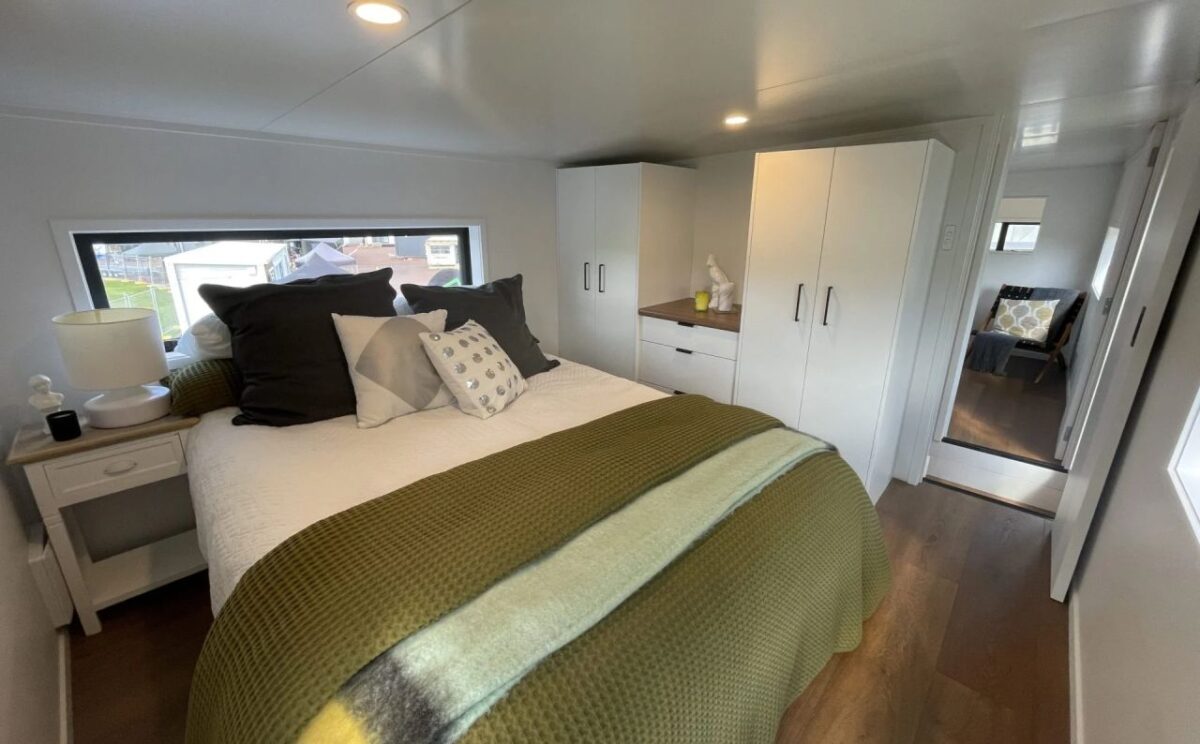 Harmony Tiny House Fits Two Bedrooms in Storage-Friendly Layout