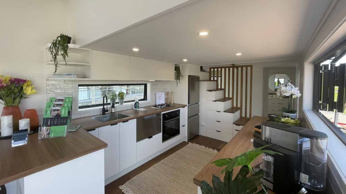 Harmony Tiny House Fits Two Bedrooms in Storage-Friendly Layout