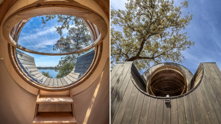 Tiny House has Round Pivot Window to Escape Onto Odd Balcony