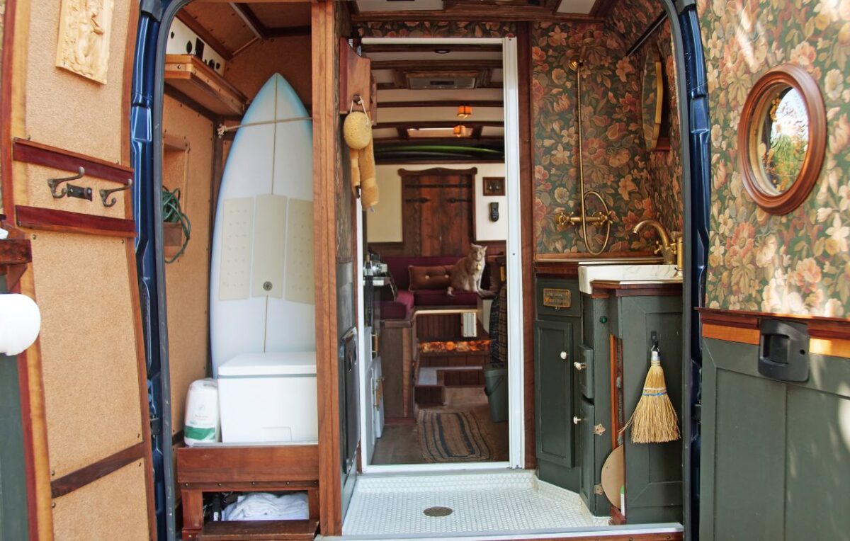 Hobbit Camper Van has Murphy bed and Medieval Shower