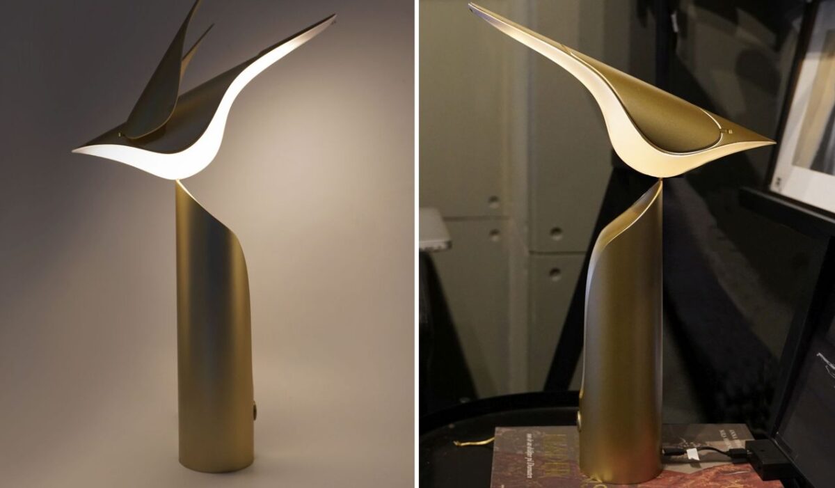 Shape-Shifting Magpie Table Lamp has a Transparent shade