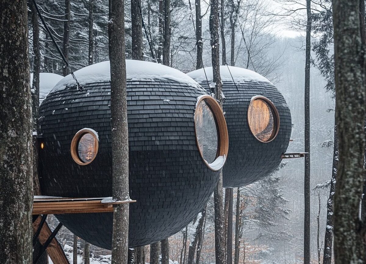 Spherical Burl Treehouses are Suspended Cocoons in the Forest
