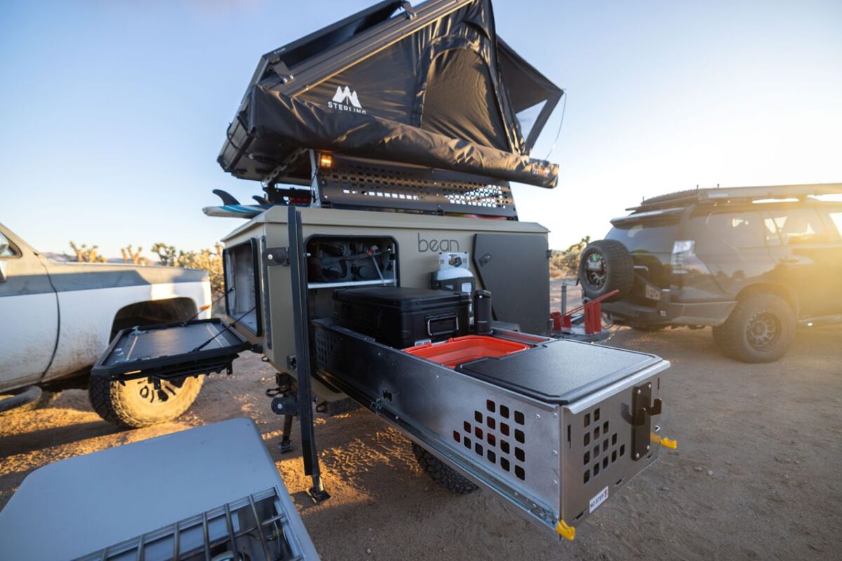 Bean Pod Gear Hauler Trailer Features Rooftop Tent for Sleeping