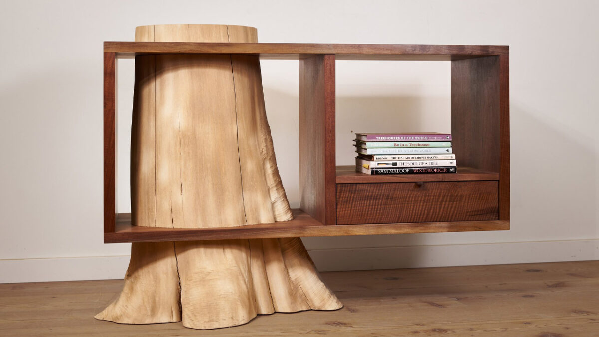 Greg Klassen Rests Entire Table on Solitary Cedar Tree Stump Leg