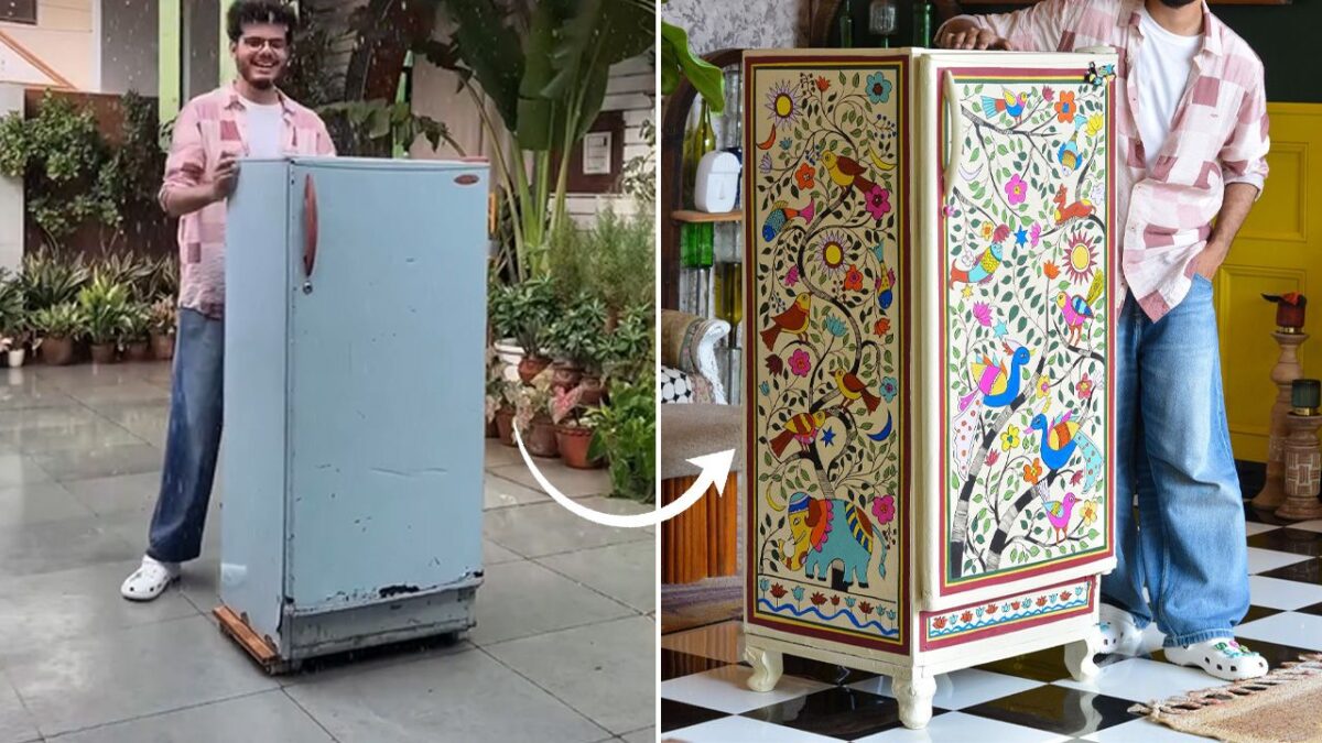 Man Upcycles Discarded Refrigerator Into Artistic Shoe Rack